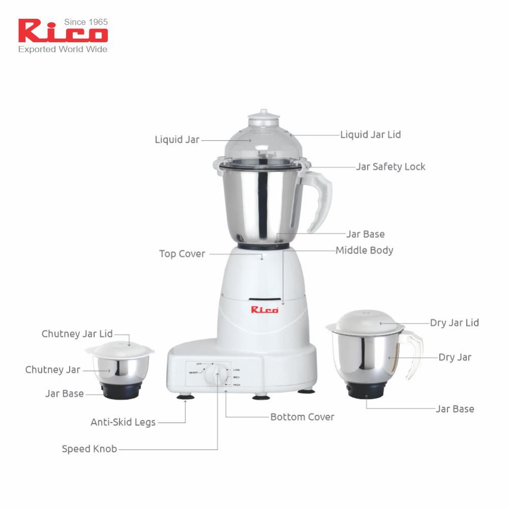 Rico MG1803 750W Mixer Grinder with 3 Jars (White)– Rico Mauritius