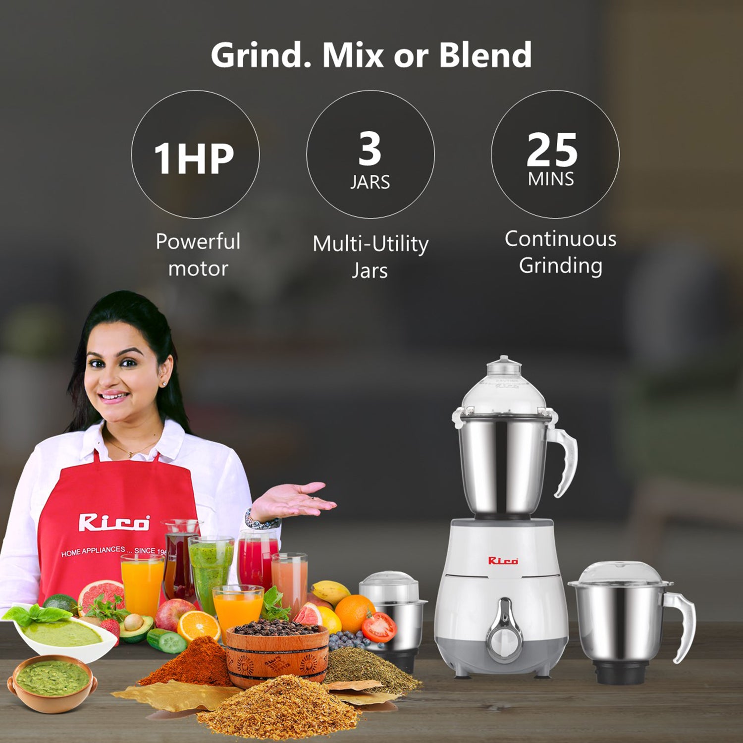 Rico Mixer Grinder MG1810 1HP Mixer Grinder with 3 Jars (White) - RIC0 ...
