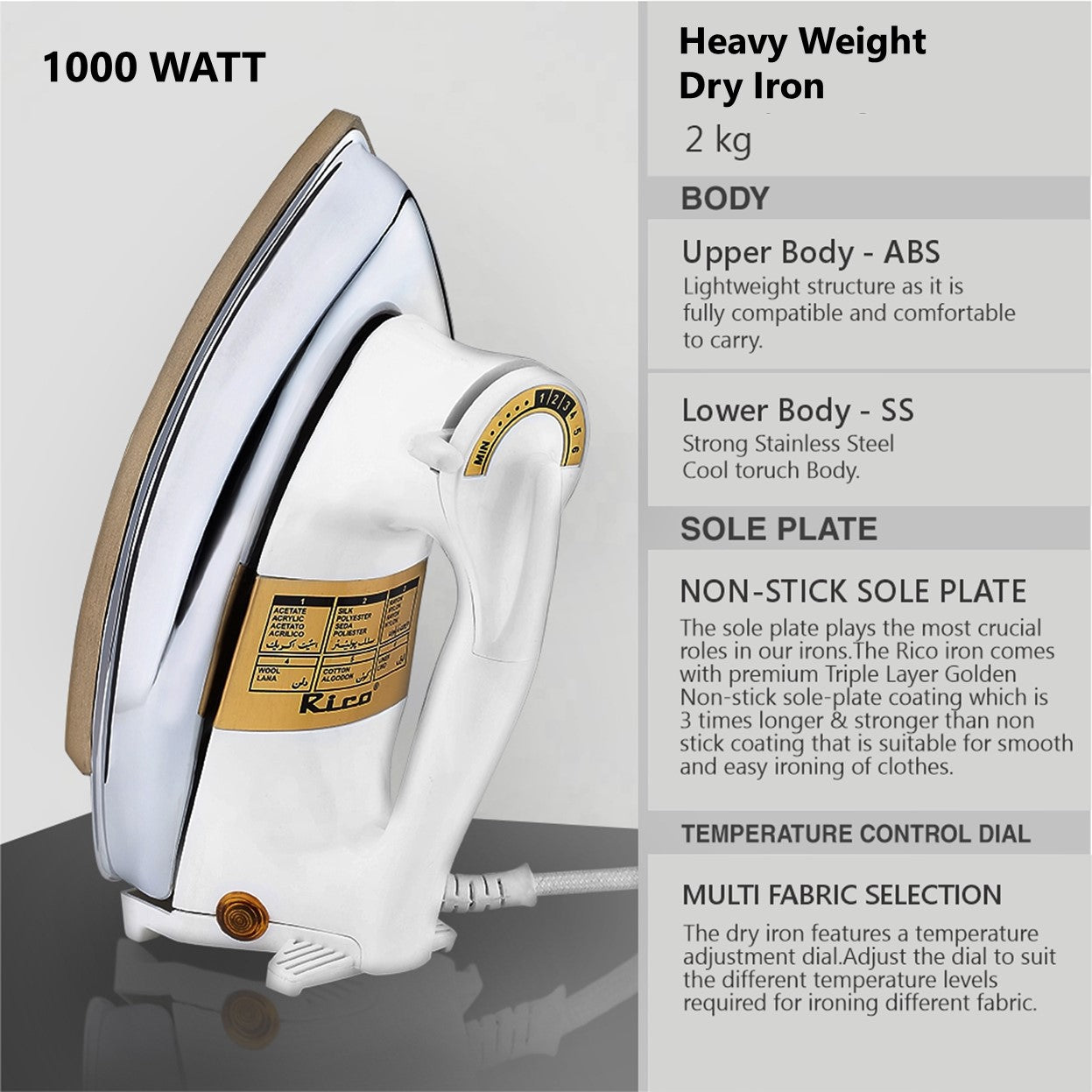 Rico Iron Dry AI13 (Heavy) 3 yrs Replacement Warranty (Ivory, 2.0 KG ...