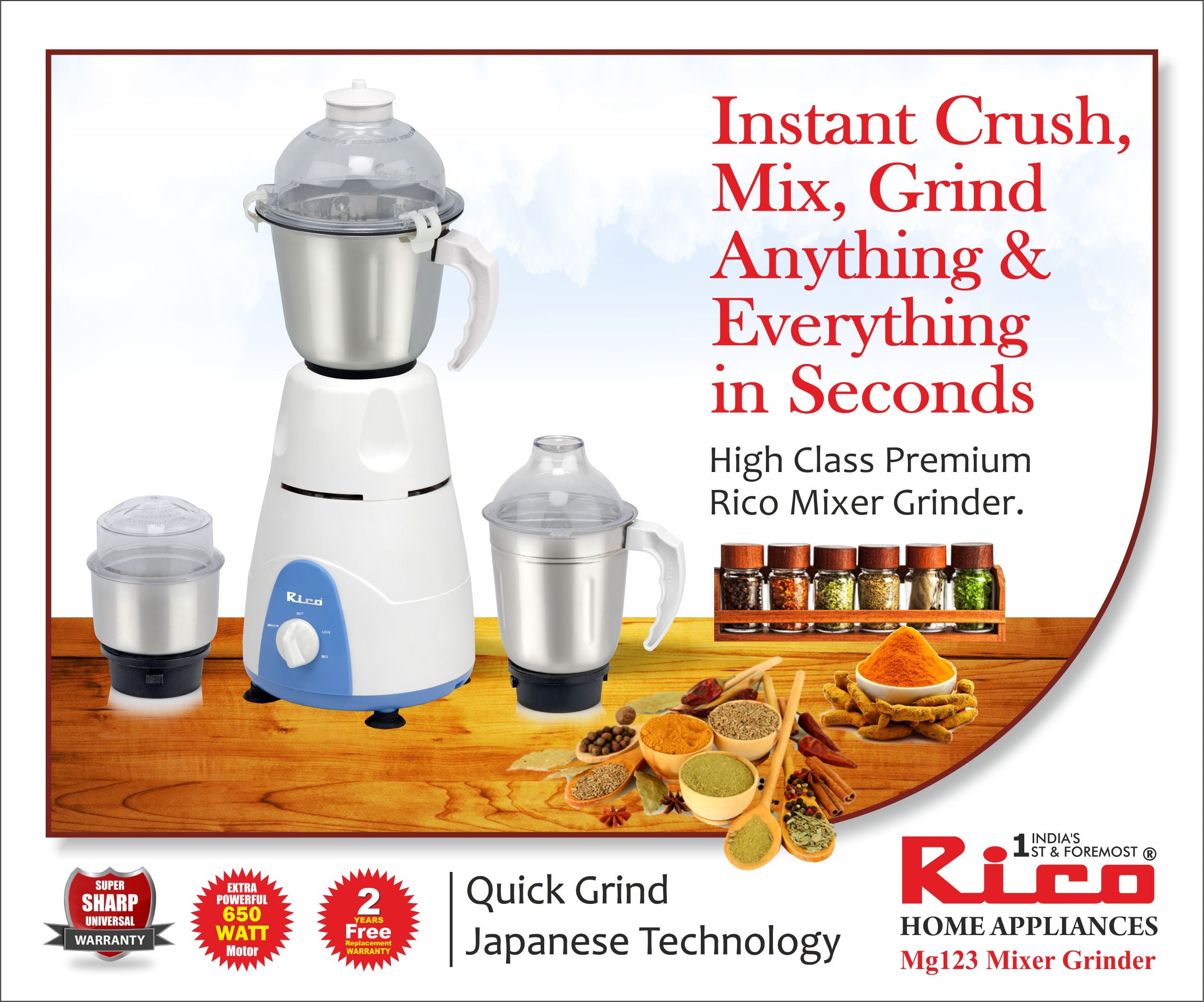 Rico Mixer Grinder MG124 650W Mixer Grinder (3 Jars, White) - RIC064 ...