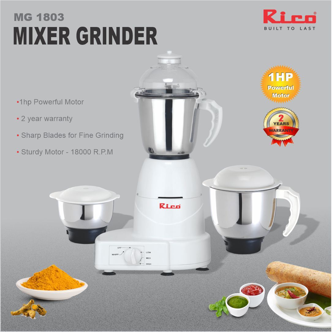 Rico MG1803 750W Mixer Grinder with 3 Jars (White)– Rico Mauritius