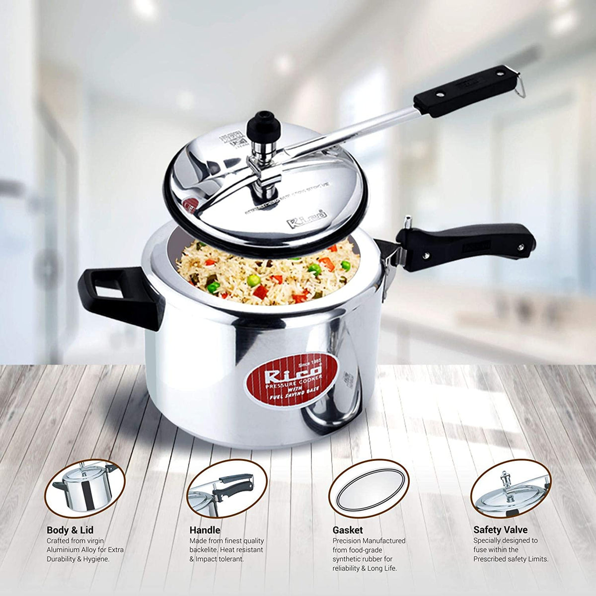 Rico PCIL8 Inner Lid 8 Litres Pressure Cooker (Silver).– Rico Mauritius