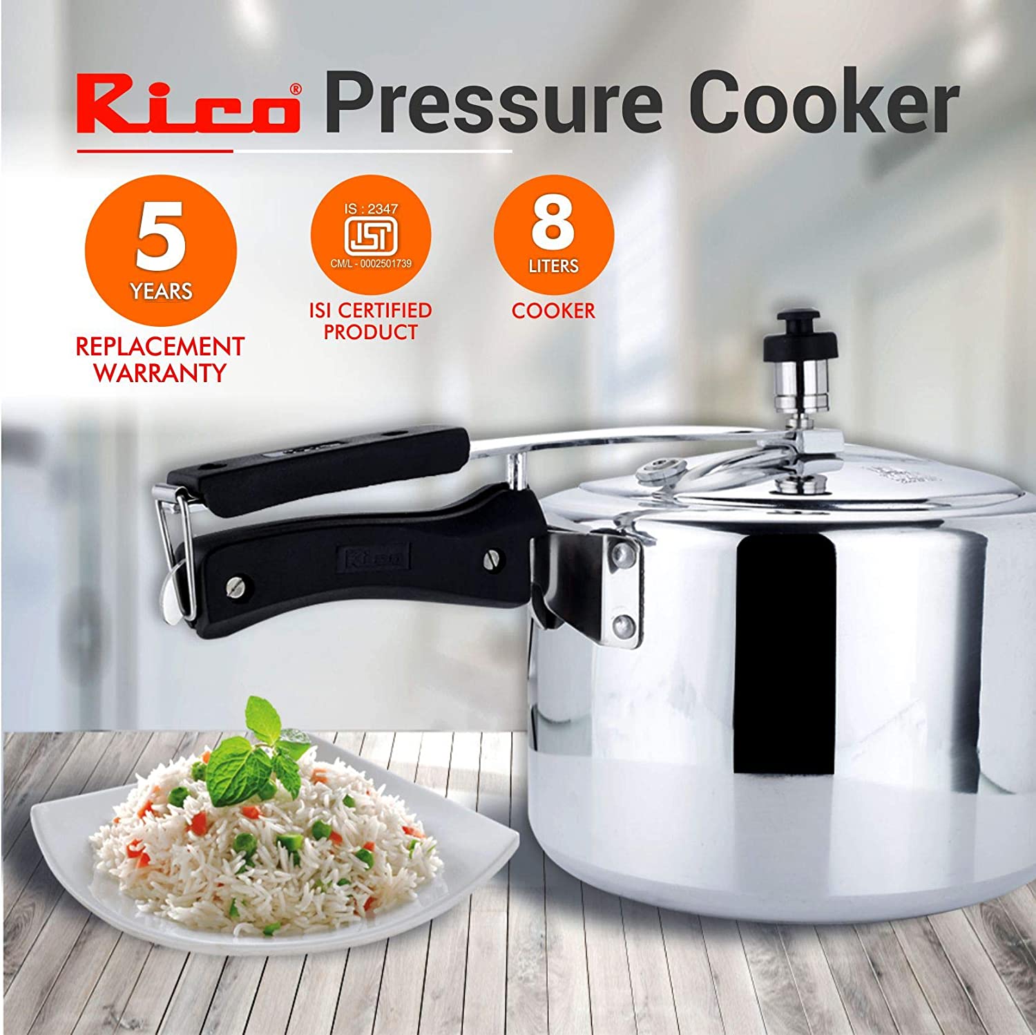Rico PCIL8 Inner Lid 8 Litres Pressure Cooker (Silver).– Rico Mauritius